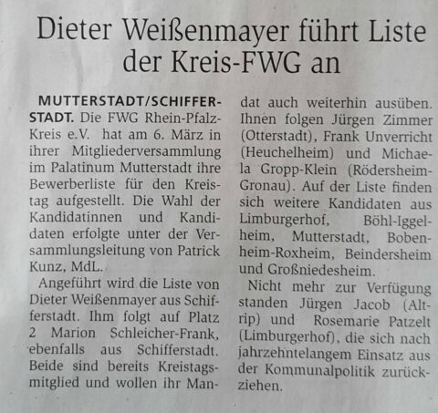 Dieter Weißenmayer führt Liste der Kreis-FWG an - FWG Schifferstadt